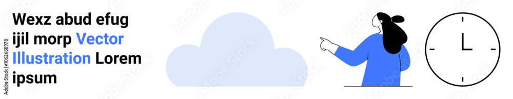 Cloud graphic, female character in blue pointing right, and a clock ...