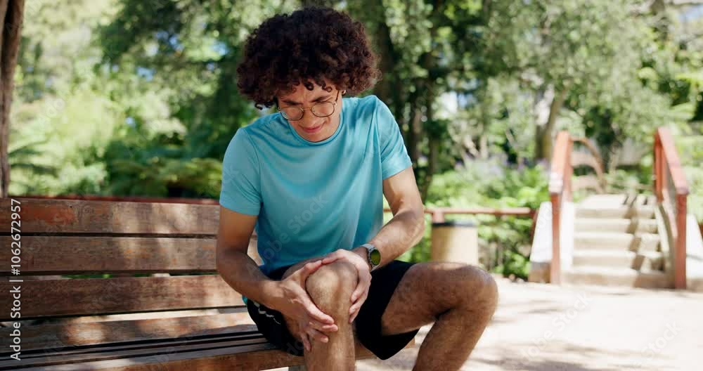 Knee pain, park bench and man with injury from exercise and fitness ...