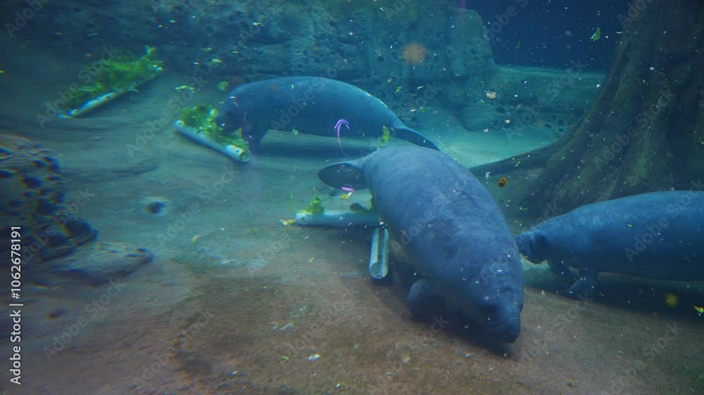 Manatee eat delicious lettuce under water; Manatee are large, fully ...