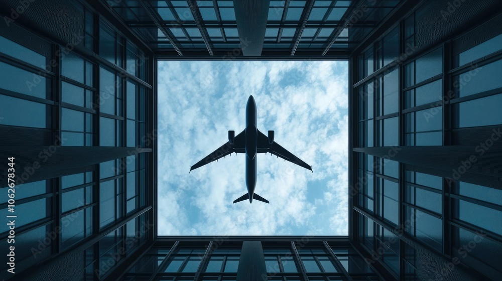 Airplane silhouetted against the sky ascending gracefully from the ...