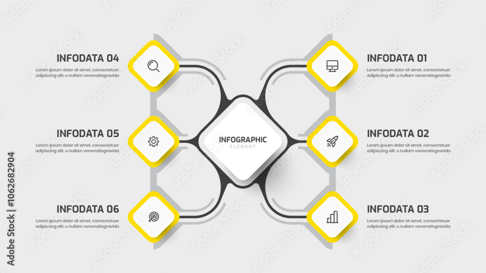 Flowchart Infographic with 6 Rhombus Label Connected to Main Rhombus ...