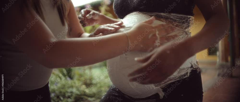 Couple is happy about the pregnancy and makes an impression plaster ...