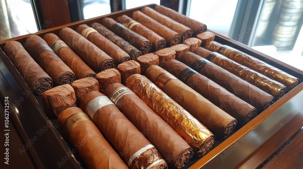 variety of cigars in a luxurious cigar lounge, detailed textures of the ...