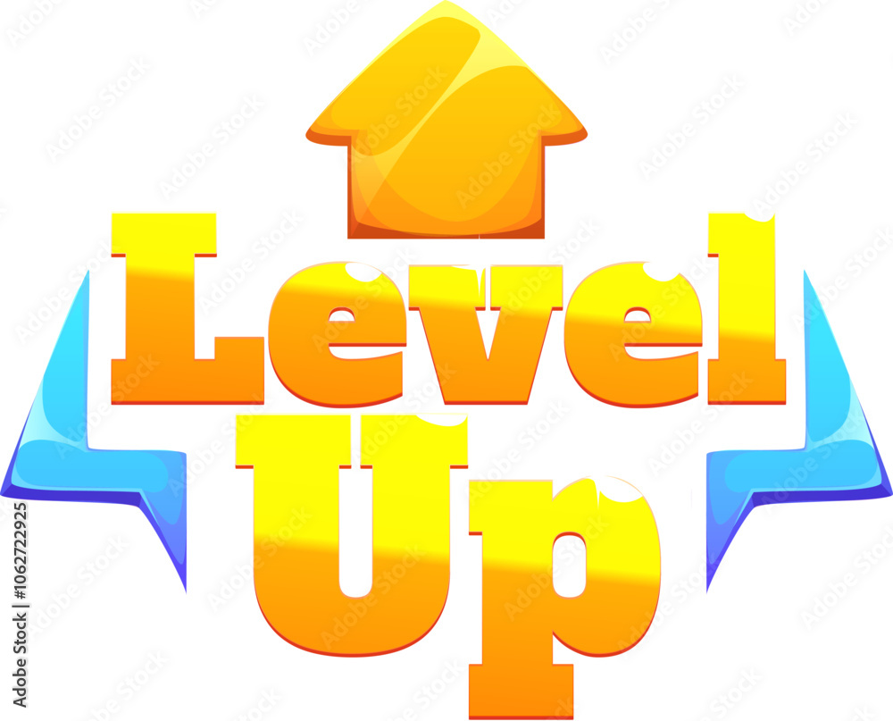 Level up game reward, rate icon featuring a bold yellow text with a glowing arrow pointing ...