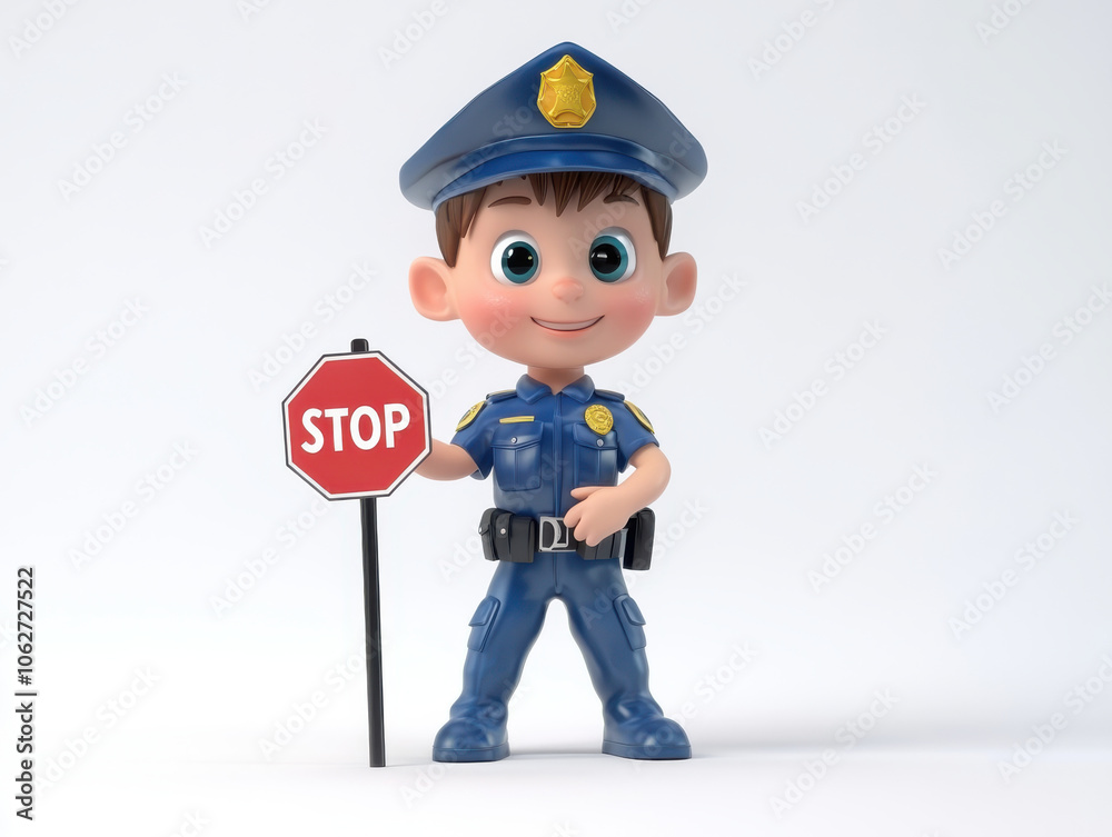 3D cartoon child police officer in mini uniform and hat, holding small ...