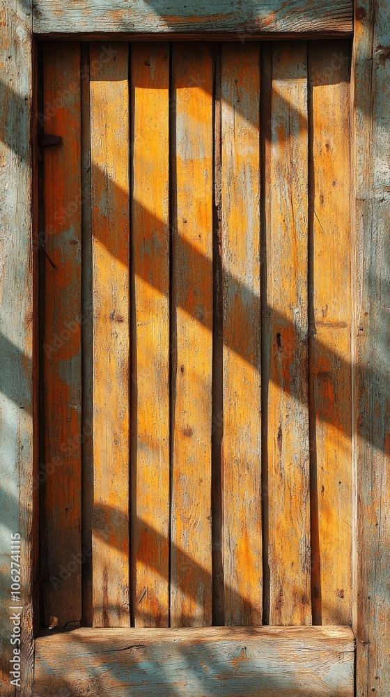 Vertical wooden slat wall casting intricate shadows, textured surface ...