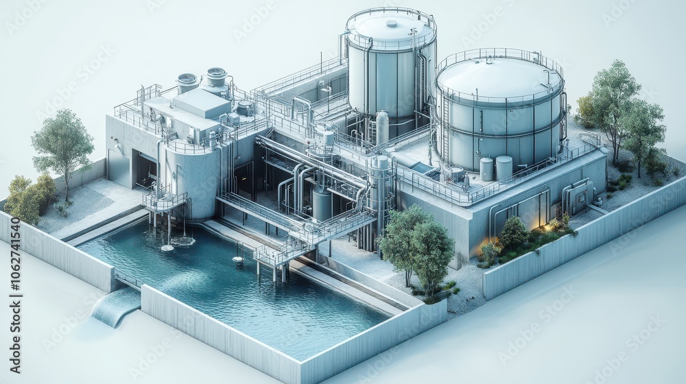 Modern wastewater treatment facility featuring sleek filtration systems ...