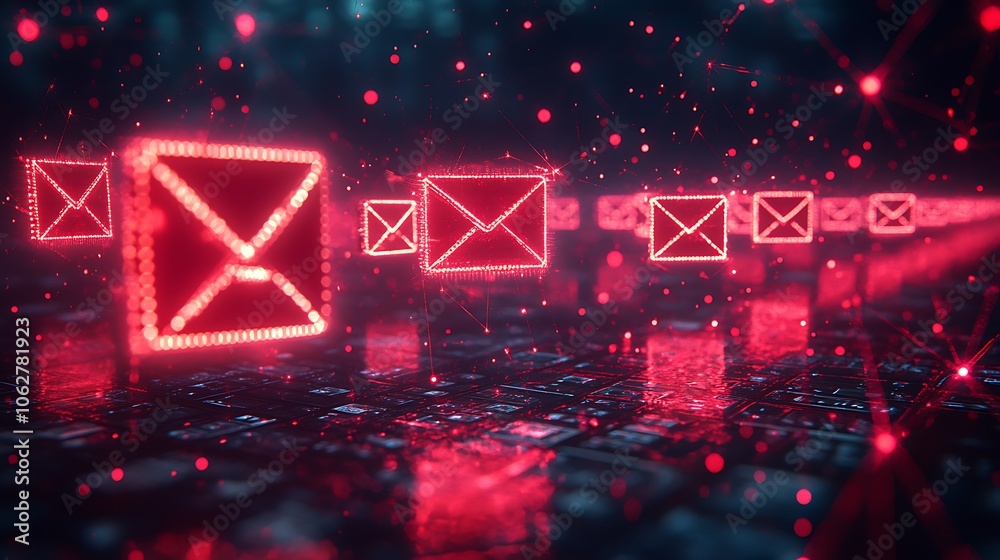 A line of glowing red email icons floating over a circuit board ...