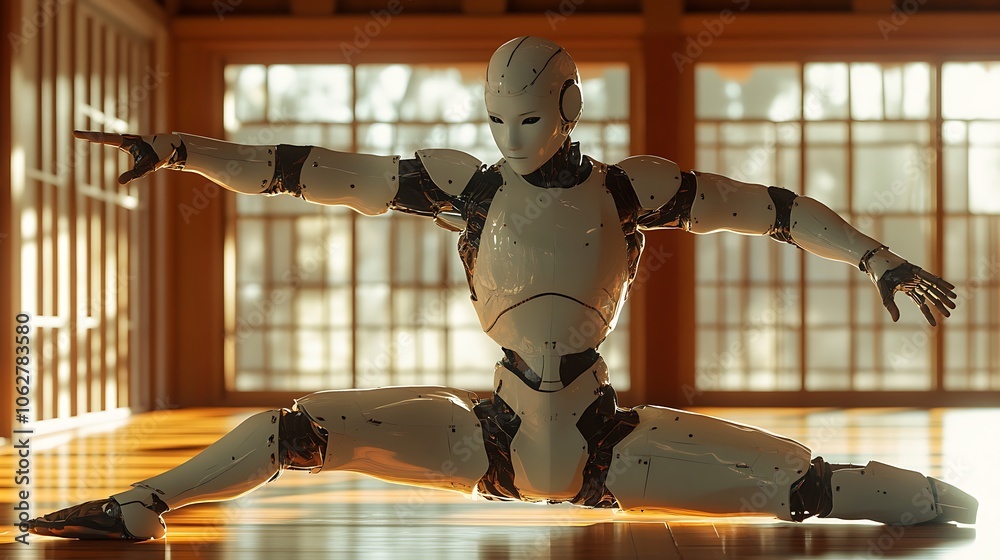 AI robot in a dojo, performing a graceful martial arts kata, soft light ...
