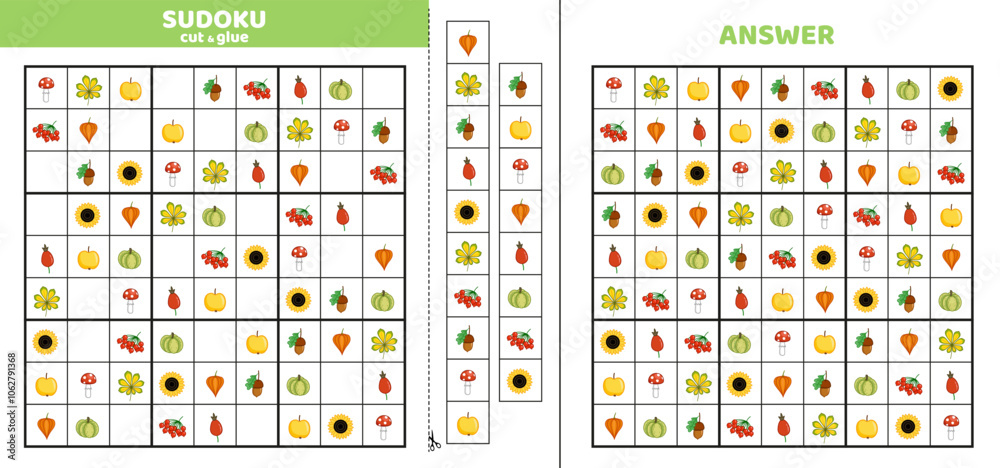 Hard sudoku with nine autumn gifts of nature. Game puzzle for little ...