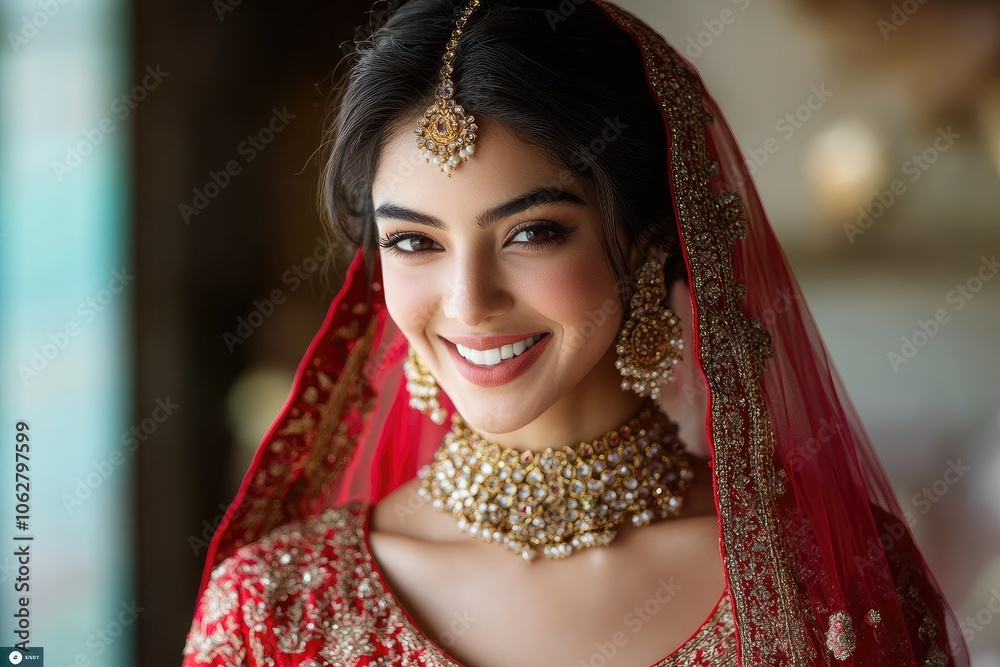 Beautiful indian bride smiling and wearing traditional red dress and ...