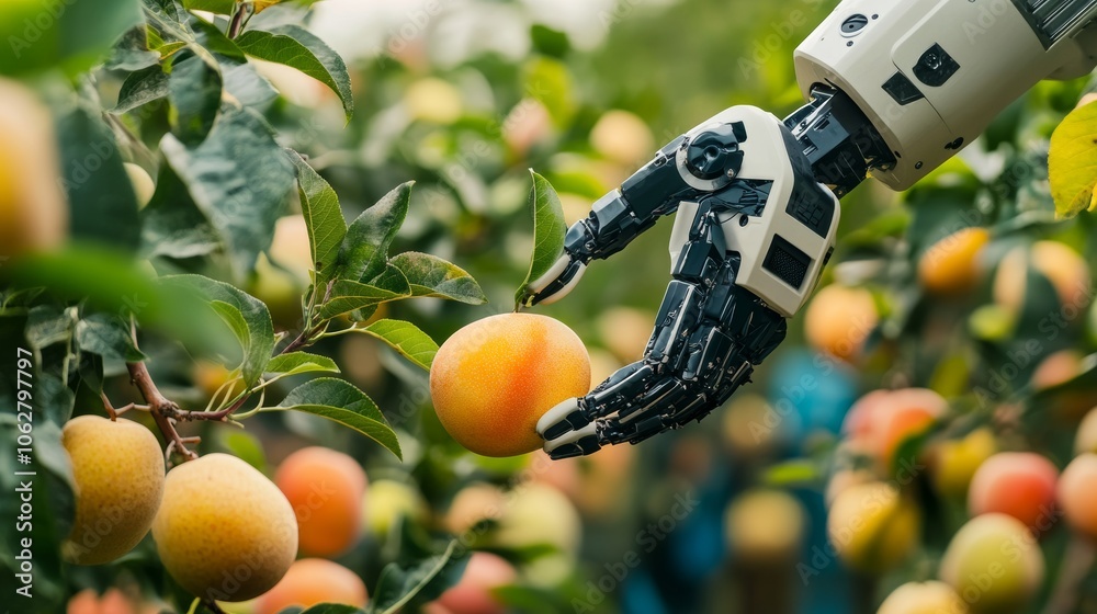 Close-up of a robot picking ripe fruits from trees focusing on its ...