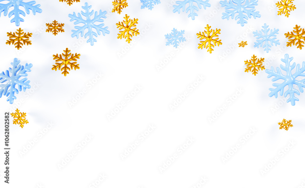 3d snowfall frame with falling snowflakes render. Gold and blue snow ...