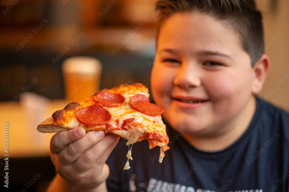 Plus-size boy smiling with a slice of pizza in his hand Stock Photo ...