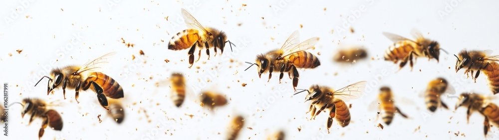 Busy bees in flight, pollen floating in the air, capturing the essence ...
