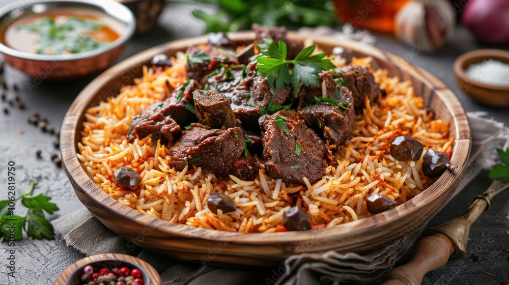 Saudi Arabia's national dish is mandhi rice with delicious beef. Stock ...