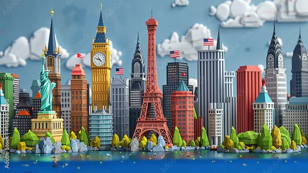 A vibrant paper craft representation features famous landmarks such as ...