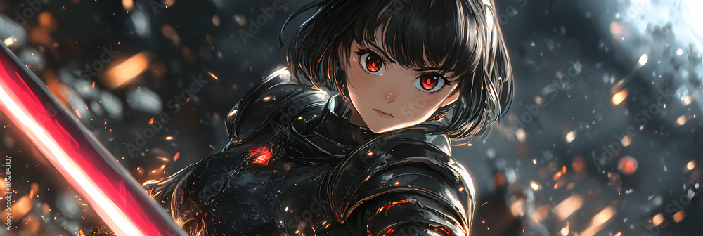 Anime Girl Warrior with Red Eyes and a Blazing Red Sword in a Dark ...