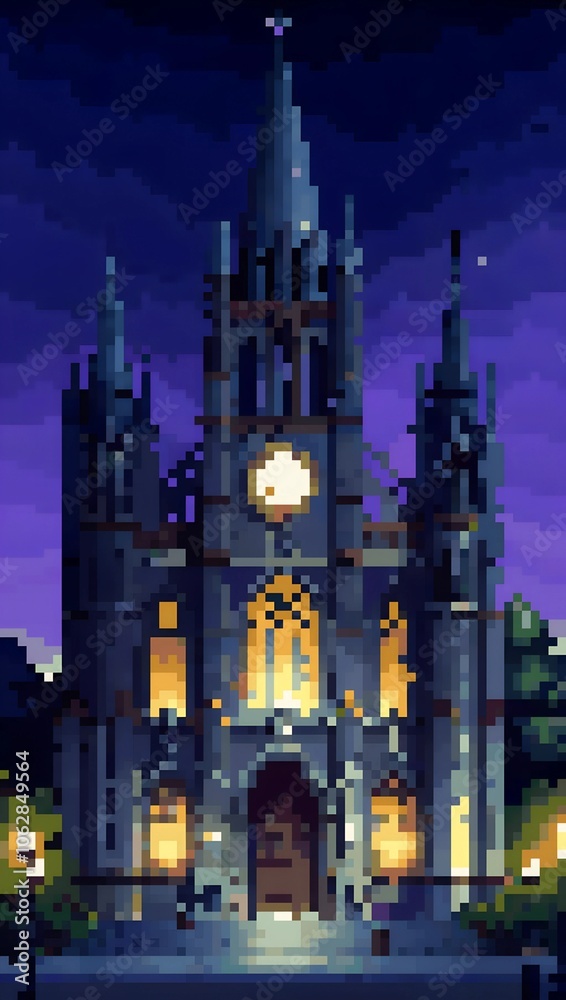 Gothic cathedral exterior at night pixel art background. 8-bit game ...