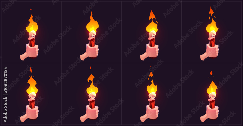 Animation sequence of cartoon hand holding burning torch. Eight frames ...