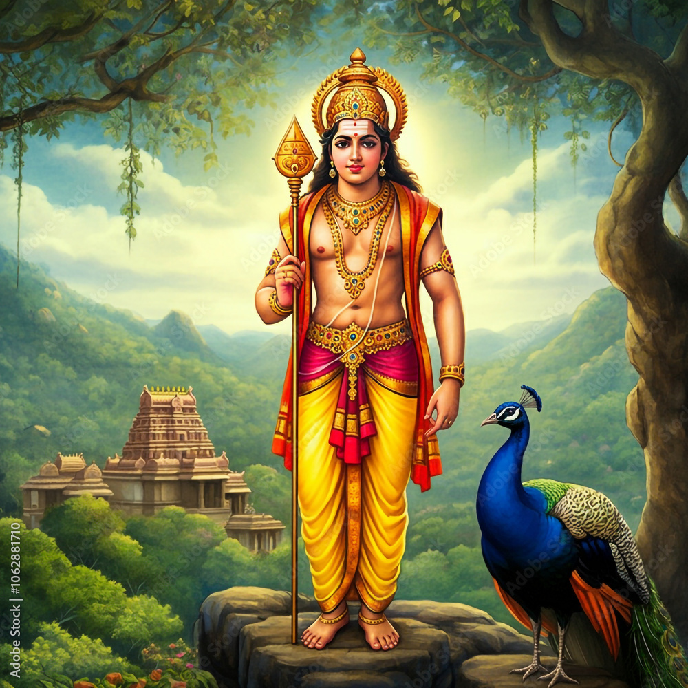 Illustration of Lord Murugan standing with his Vel and peacock near a ...