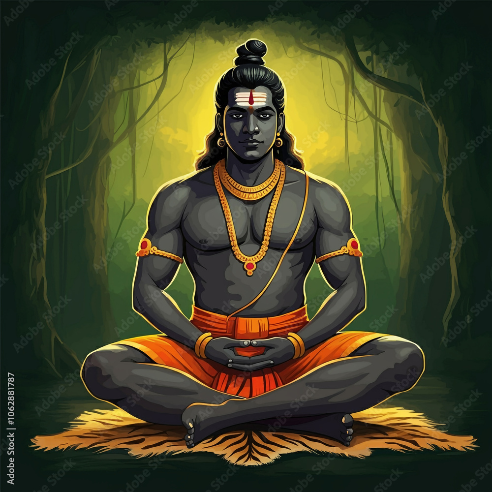 Illustration of Lord Ayyappa in meditation within a forest, symbolizing ...
