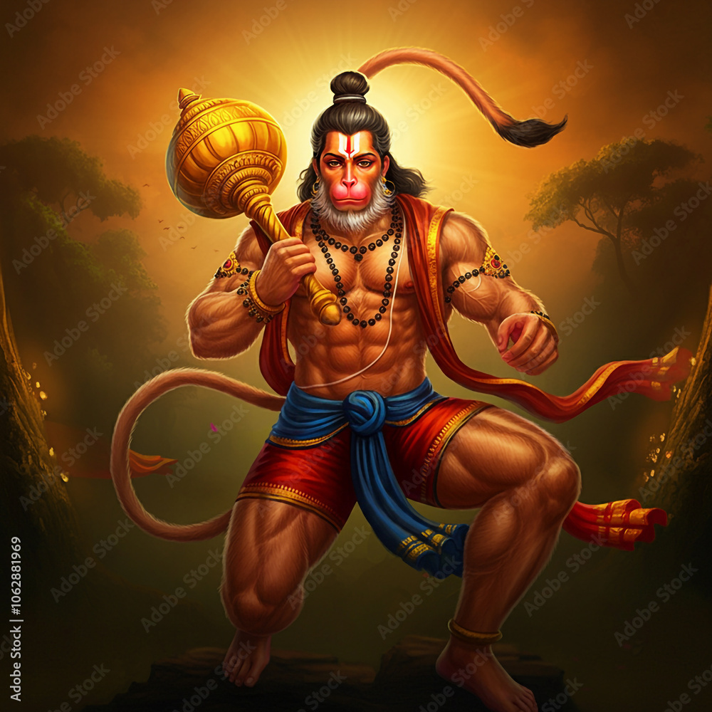 Illustration of Lord Hanuman holding his gada (mace), symbolizing strength, devotion, and ...