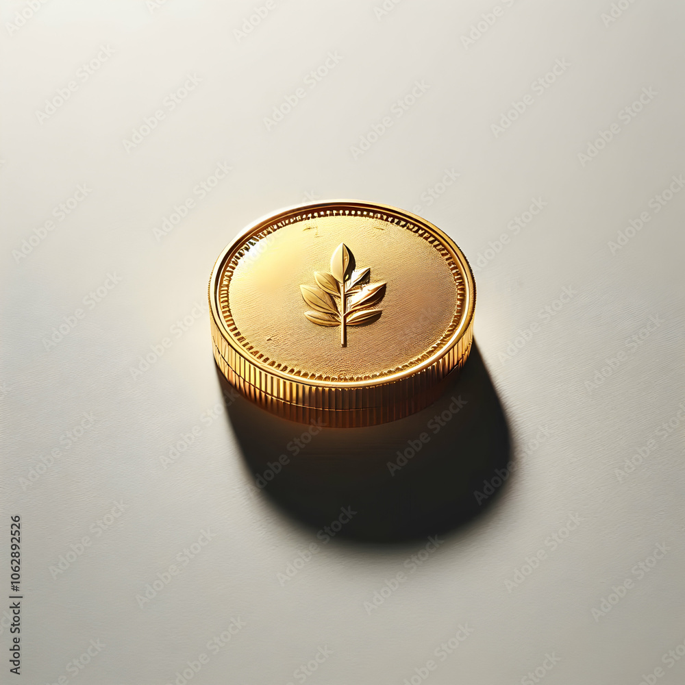 Single gold coin with shadow concept as A solitary gold coin on a white ...