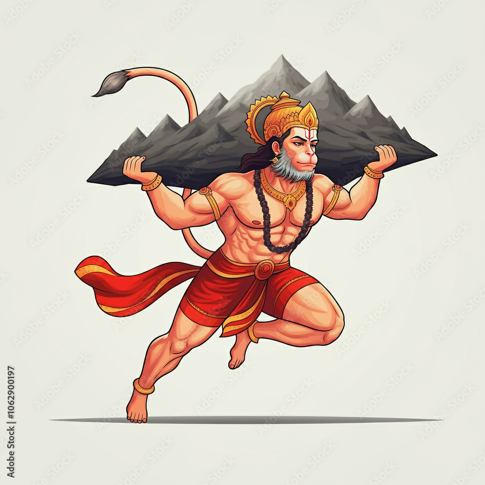 Depiction of Lord Hanuman lifting a mountain, showcasing his power ...