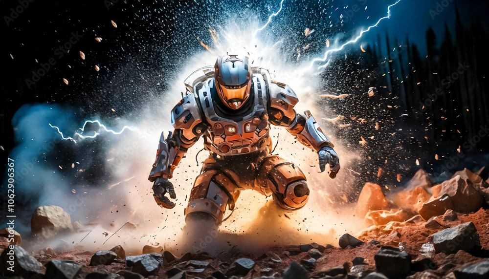 Abstract astronaut, alien, robot in armored spacesuit in action ...