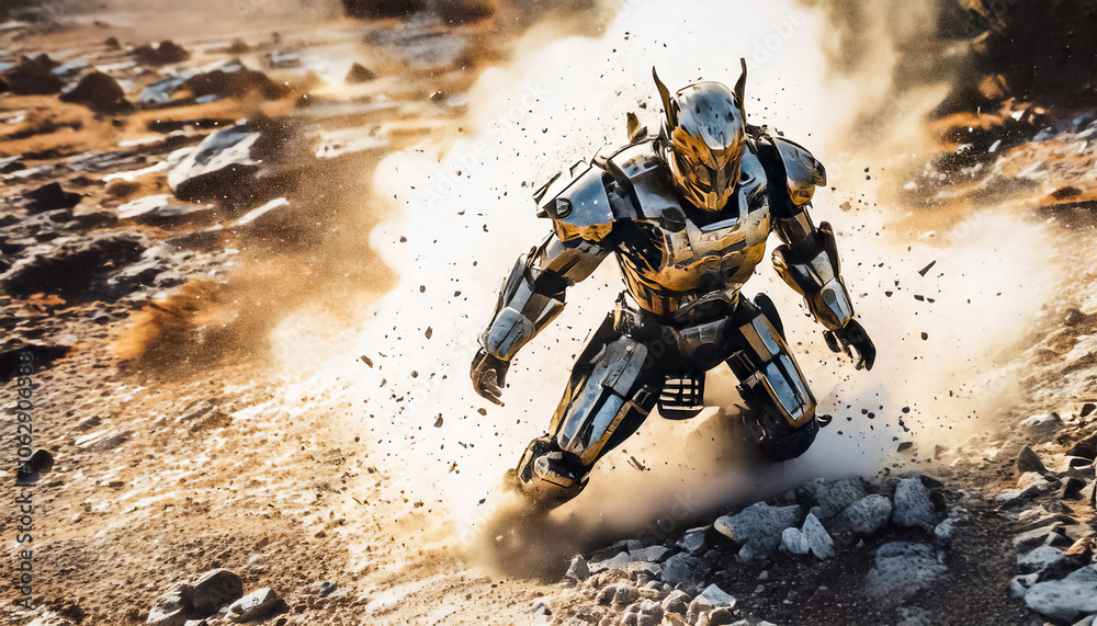 Abstract astronaut, alien, robot in armored spacesuit in action ...