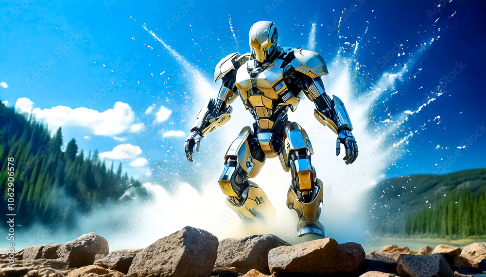 Abstract astronaut, alien, robot in armored spacesuit in action ...