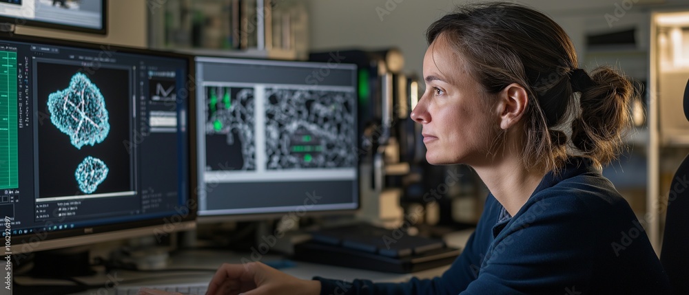 A woman skillfully programs quantum material analysis software at a ...