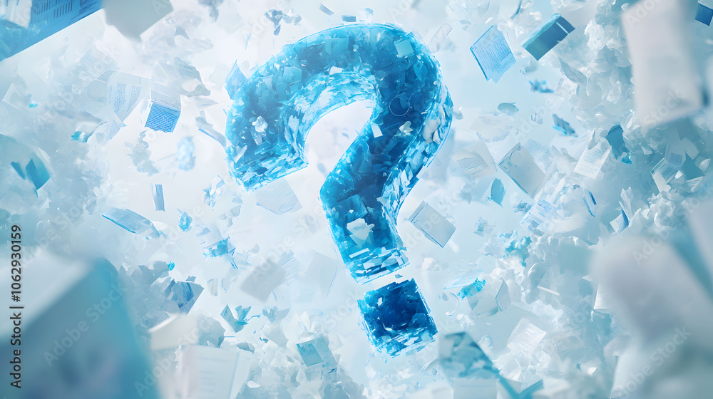 Large blue question mark emerging cloud white fragmented paper breaking ...