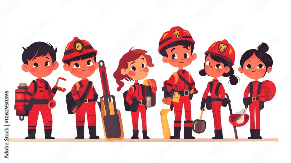 Adorable Firefighter Kids Team in Safety Gear – Cartoon Boys and Girls ...
