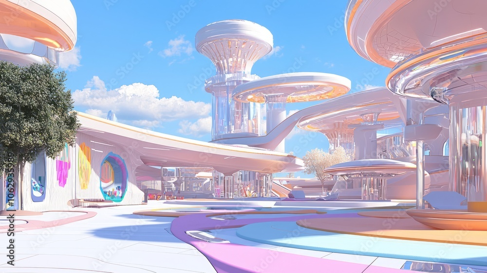 Retro-Futuristic Community Center: A Vibrant 3D Rendered Oasis of ...