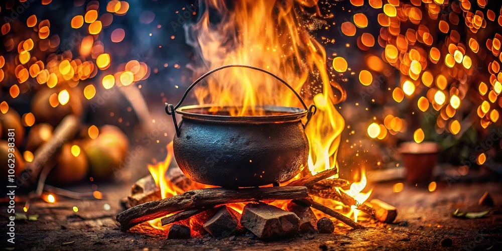 A cauldron, engulfed in flickering flames, spills its secrets into a ...