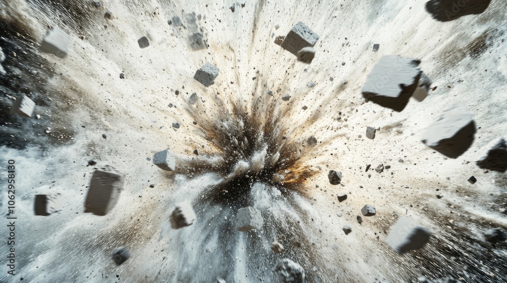 Powerful impact and explosion with cement pieces flowing outward. The ...