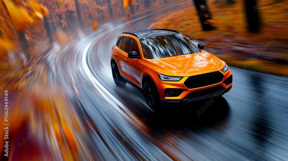 Bright orange car is driving down a wet road. The car is on a curve and ...