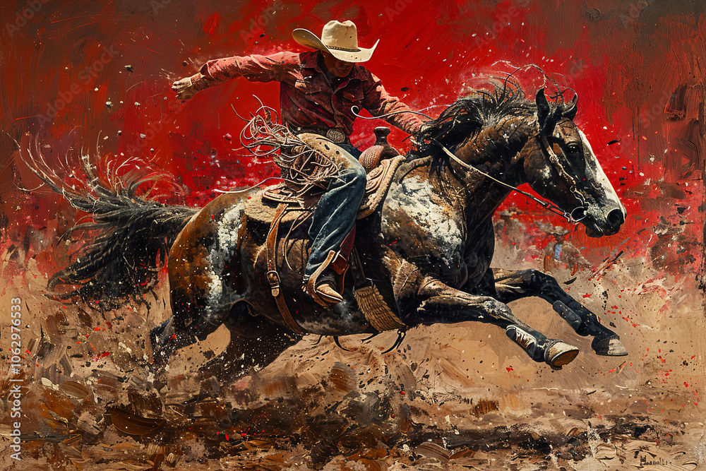 Dynamic cowboy riding a powerful horse through splashing mud, vibrant ...
