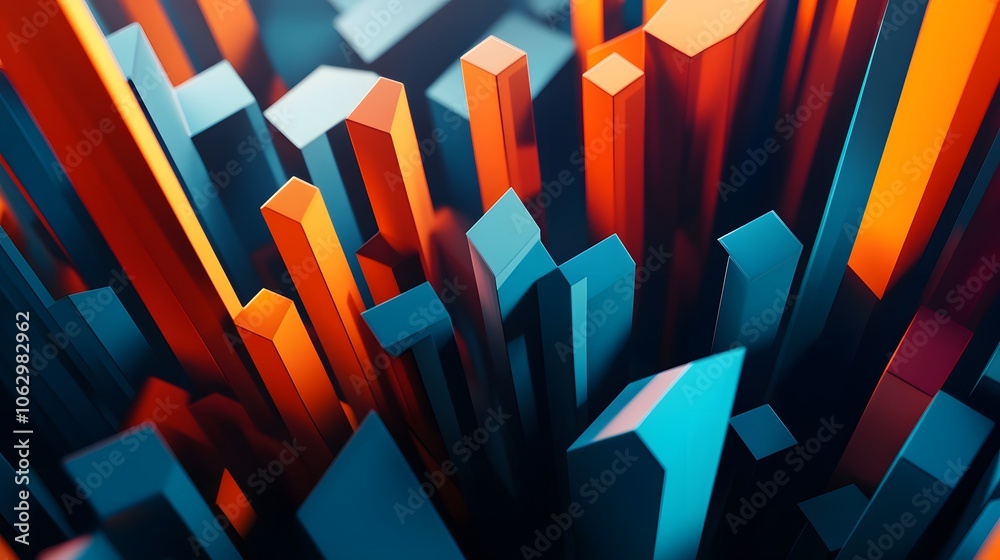 Vibrant 3D abstract shapes in orange and blue, creating a dynamic ...