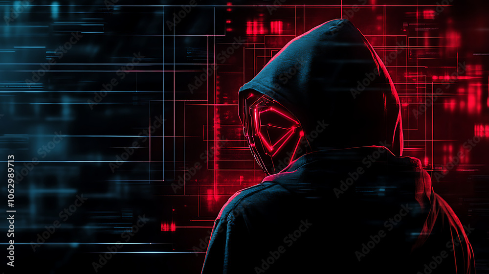 Dark mysterious hacker in the hood with a glowing red digital mask with ...