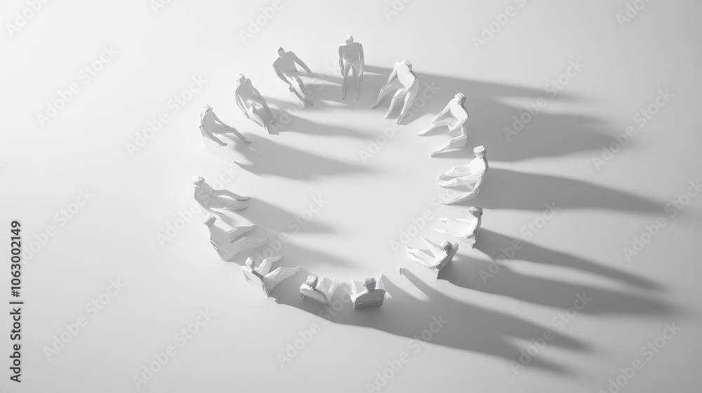 Minimalist composition of paper people sitting together in a supportive ...