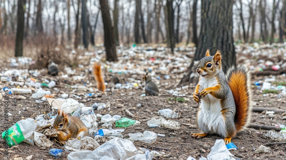 Squirrels amusingly playing with scattered plastic waste in a forest ...