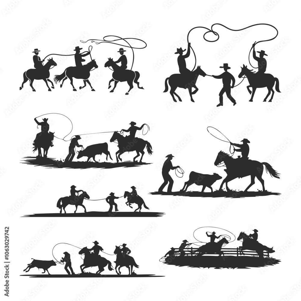 Team Roping Rodeo Ranch vector Silhouette, Team roping Clipart, Cattle ...