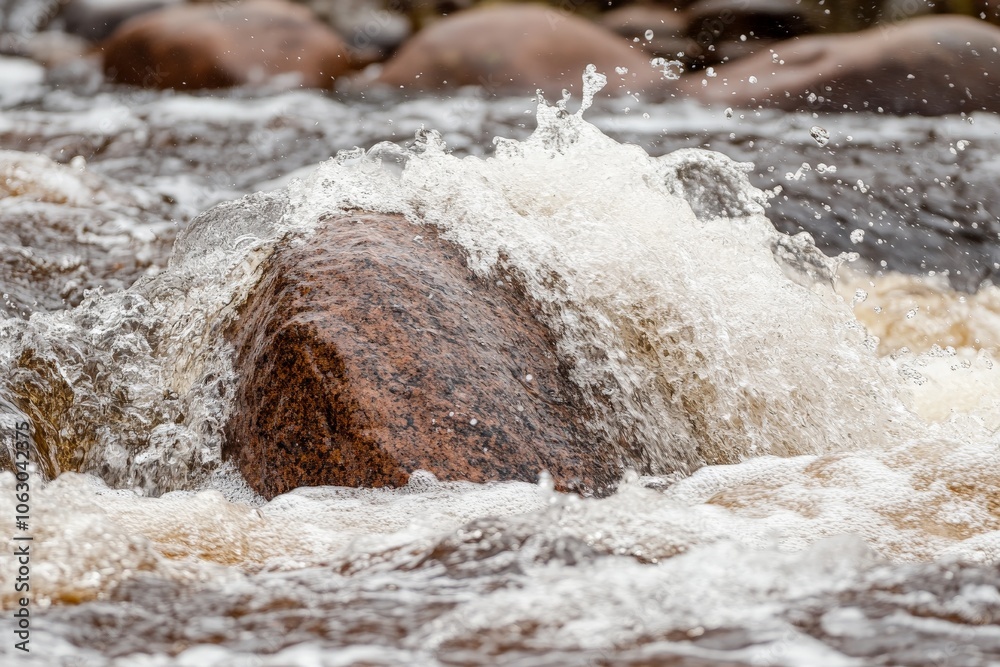 Water stream powerfully cascades over numerous natural rocks, forming ...