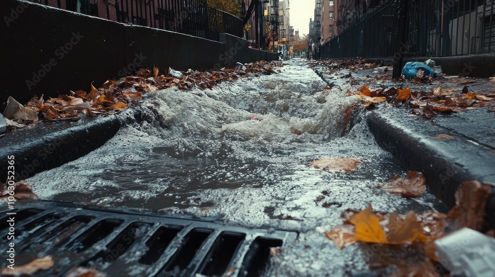Overflowing drain in a city street, leaves and trash pushed to the ...