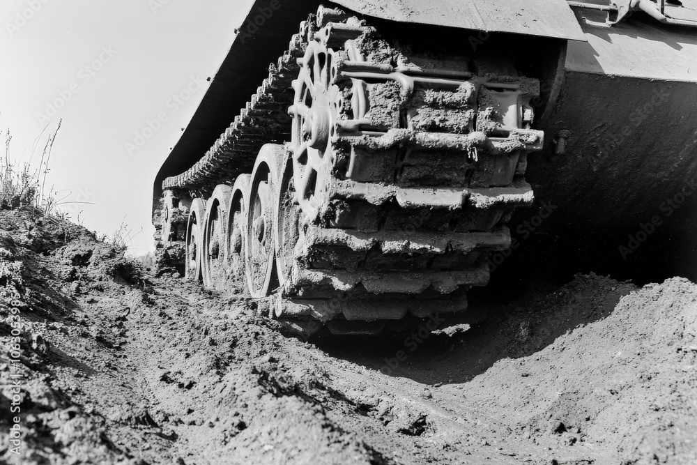 A detailed close-up view of tank treads navigating through muddy ...
