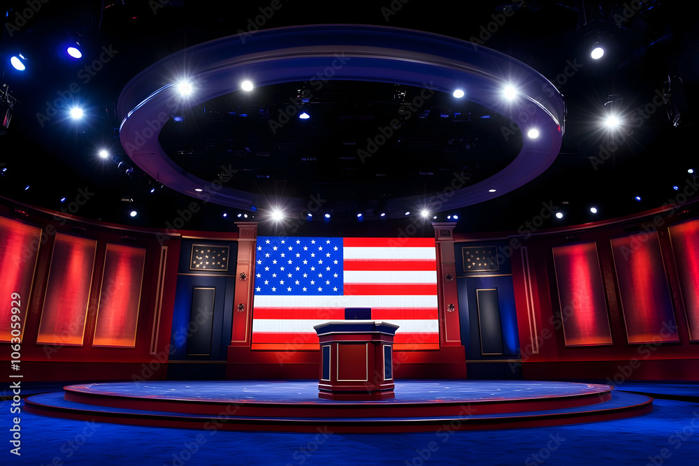 Political podium with large American flag, stage for patriotic speech ...