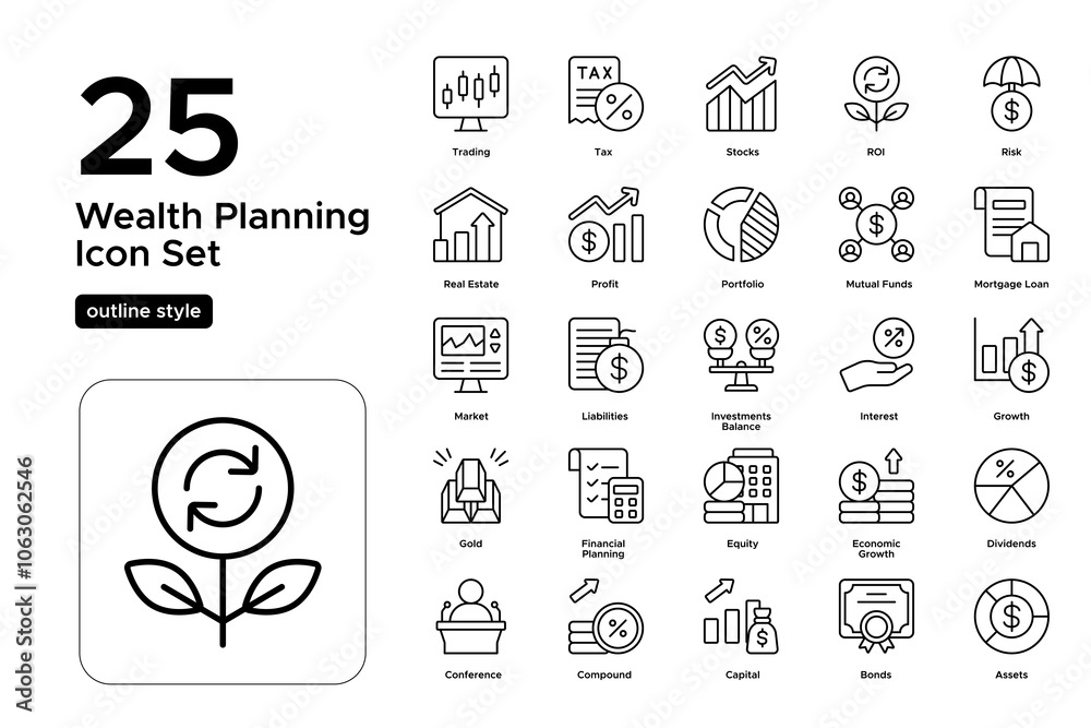 Wealth Planning Outline Icon Set: Future Growth, Asset Allocation, and ...